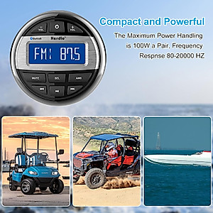 Herdio Marine Radio Package- IPX6 Receiver Compatible with Bluetooth, 1 Pair 4 Inch Marine Speakers, AM FM Antenna for Boat ATV UTV (Black)