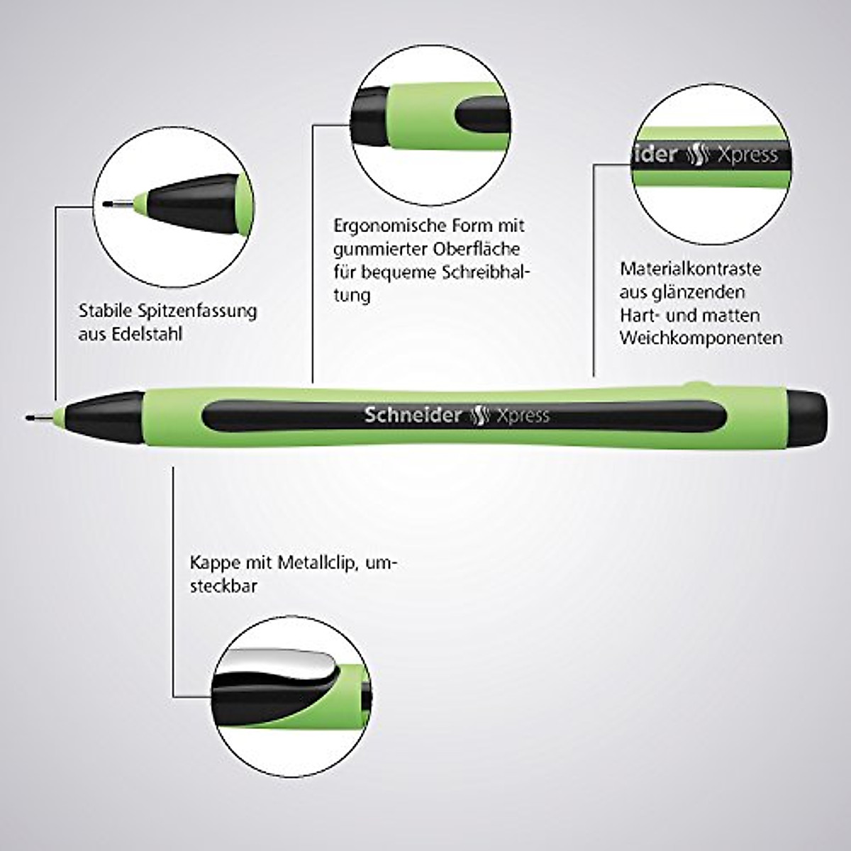 Schneider Xpress Premium Fineliner, 0.8 mm Porous Point, Light Green Barrel, Black Ink, Box of 10 Pens (190001)