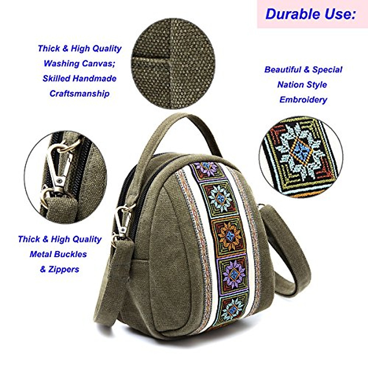 Goodhan Embroidery Canvas Crossbody Bag Cell phone Pouch Coin Purse for Women Girls,Army Green