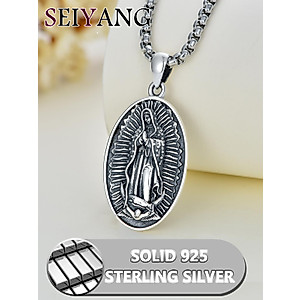 Seiyang Virgen de Guadalupe Necklace Sterling Silver Virgin Mary Pendant Miraculous Medal Pendant Religious Gift for Women Mom