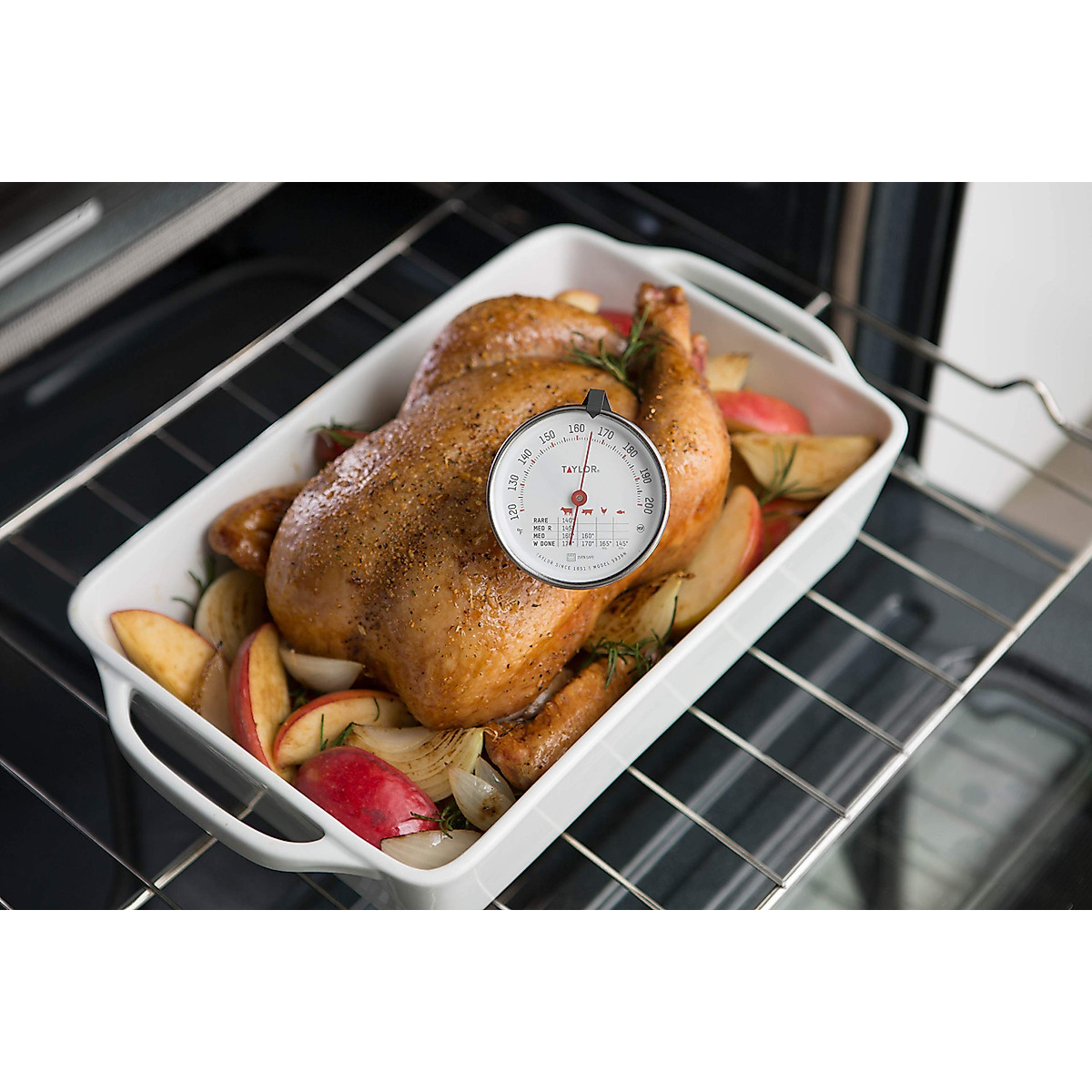 Taylor Leave-in Meat Oven Safe Compact Analog Dial Meat Food Grill BBQ Kitchen Cooking Thermometer, 3 inch dial, Stainless Steel