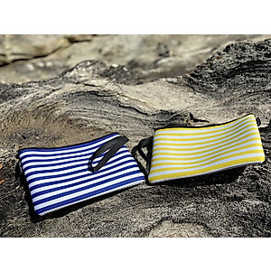Scout + Ochre Neoprene Swimsuit Bag Pouch with Zipper - Waterproof Wet Bag for Swimwear, Diapers, Cosmetics, Travel Toiletries - great for Beach, Pool, Strollers, Gym - 11.5x8in (Yellow White Stripe)