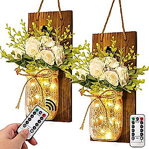 AerWo 2Pcs Mason Jar Sconces Wall Decor, Handmade Rustic Wall Sconces with LED Fairy Lights and Flowers, Hanging Mason Jar for Farmhouse Kitchen Decorations Wall Decor Living Room Lights