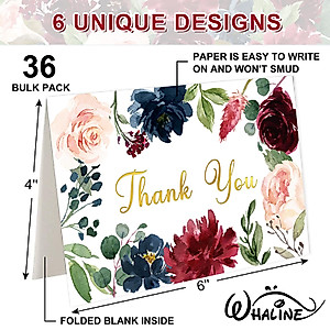 Whaline 36 Pack Floral Thank You Cards Bulk Watercolor Navy Burgundy Flower Greeting Cards with Envelope Sticker Gold Foil Spring Blank Note Cards for Wedding Birthday Baby Shower Party, 4 x 6 Inch