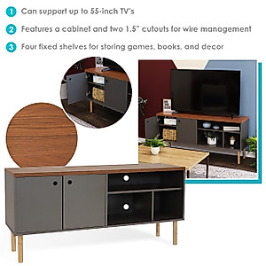 Sunnydaze Mid-Century Modern TV Stand for 55-Inch TV - Living Room Entertainment Center with Storage - Media Console Cabinet with Shelves - Gray