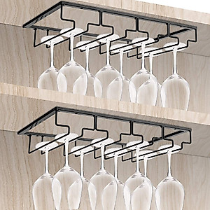 MorNon 2 Pack Wine Glass Rack - 4 Rows Under Cabinet Stemware Wine Glass Holder Glasses Storage Hanger Metal Organizer for Bar Kitchen Black