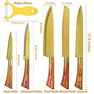 H S T Knife Set, 6 Pieces Kitchen Knife Set without Knife Block, High Carbon Stainless Steel Chef Knife Sets for Kitchen with Skin-peeler, Gold