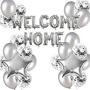JumDaQ Welcome Home Letter Balloon Banner with Star Confetti Balloons for Home Family Party Decorations( 24 Pack) (Silver)