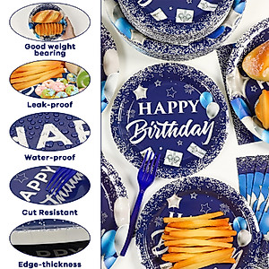 50 Guests Blue Birthday Plates Napkins Happy Birthday Plates Navy Blue and Silver Happy Birthday Plates for Men Women Disposable Paper Plates Napkins Forks Party Decorations Tableware Set 200 PCS