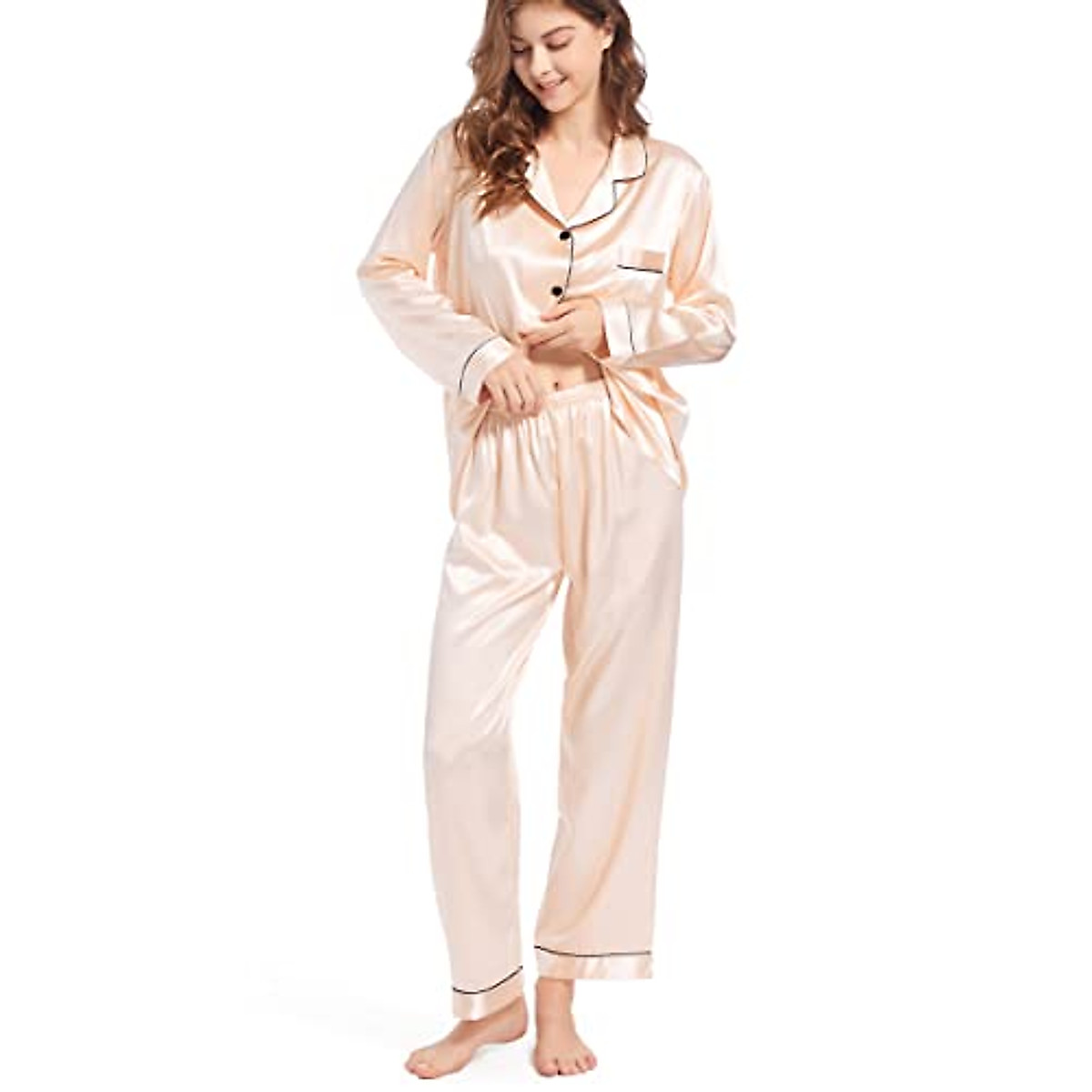 Fivali Womens Silk Satin Pajamas Long Sleeve Pj Set Two-piece Sleepwear Silky Button-down Nightwear Soft Loungewear Sets, L Champagne