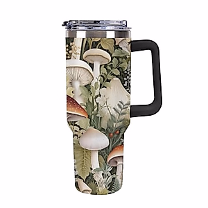 40 Oz Mushroom Plant Insulated Stainless Steel Tumbler with Handle & Straw Lid, Reusable Travel Cupholder Friendly Mug for Coffee, Water, Tea