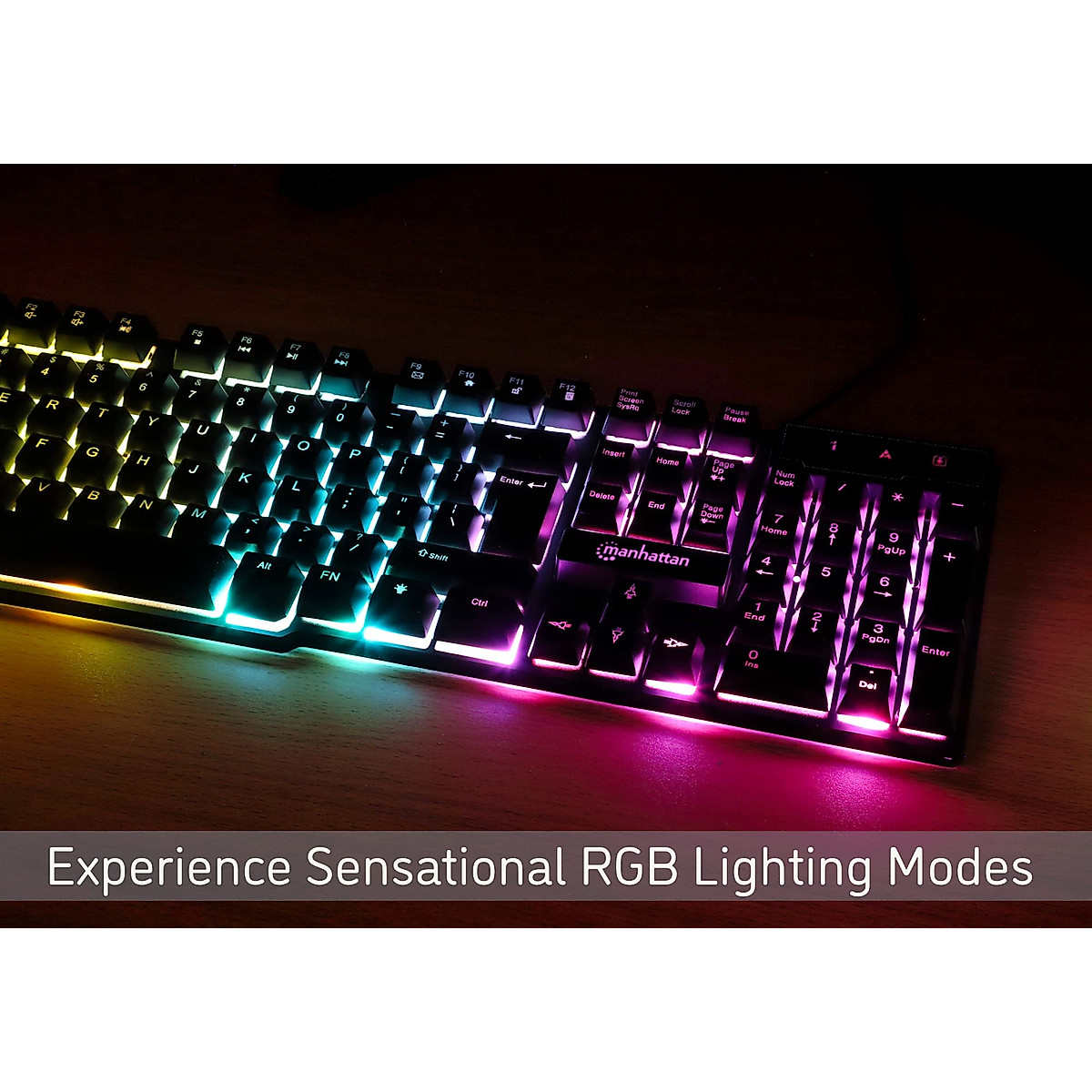 MANHATTAN Wired Membrane Gaming Keyboard – with Backlit RGB LED, USB-A Connection, Quiet Keystrokes, 12 Multimedia Function Keys - for Computer, PC, Desktop, Gamer – 3 Yr Mfg Warranty - 180603