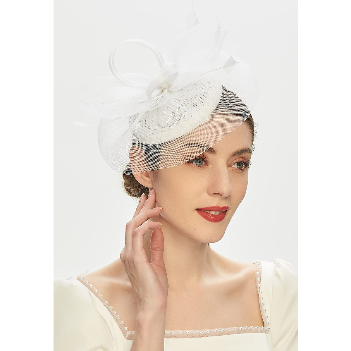 Cizoe Tea Party Fascinator Kentucky Derby Hat Fascinator Pillbox Hat Headband for Cocktail(A-white