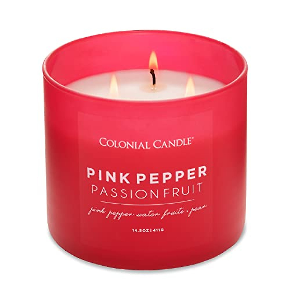 Colonial Candle Pink Pepper Passionfruit Scented Jar Candle, Pop of Color Collection, 3 Wick, Red, 14.5 oz - Up to 60 Hours Burn