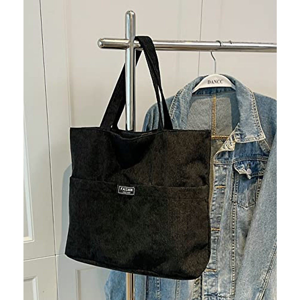 Women's Corduroy Tote Bags with Zipper Large Capacity Hobo Shoulder Bag Canvas Crossbody Bag