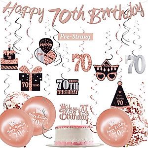 WOJOGO 70th Birthday Decorations Women, Rose Gold 70 Birthday Decorations for Men, Including Happy 70th Birthday Banner Hanging Swirls Birthday Cake Topper Balloons for Party Supplies