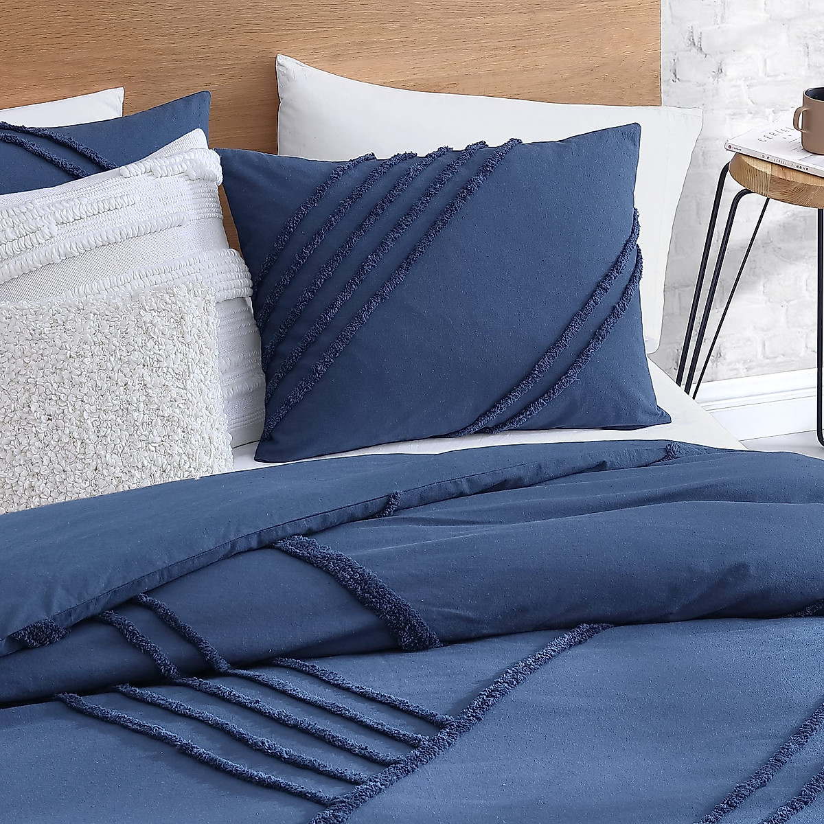 DKNY Bedding Chenille Block 3-Piece Cotton Duvet Cover Set, Full/Queen, Denim Blue