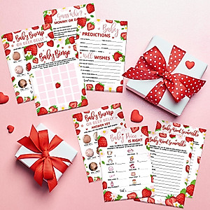 Sinasasspel 302pcs Strawberry Baby Shower Game Set Pack of 6 Activities for 50 Guests Includes Baby Shower Bingo, Baby Bump Or Beer Belly, Baby Word Scramble and More, Each 5x7 Inches