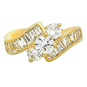 The Bling Factory 14k Gold Plated Cubic Zirconia Engagement Ring, 3-Stone Round + Channel Set Baguette CZs, Size 6