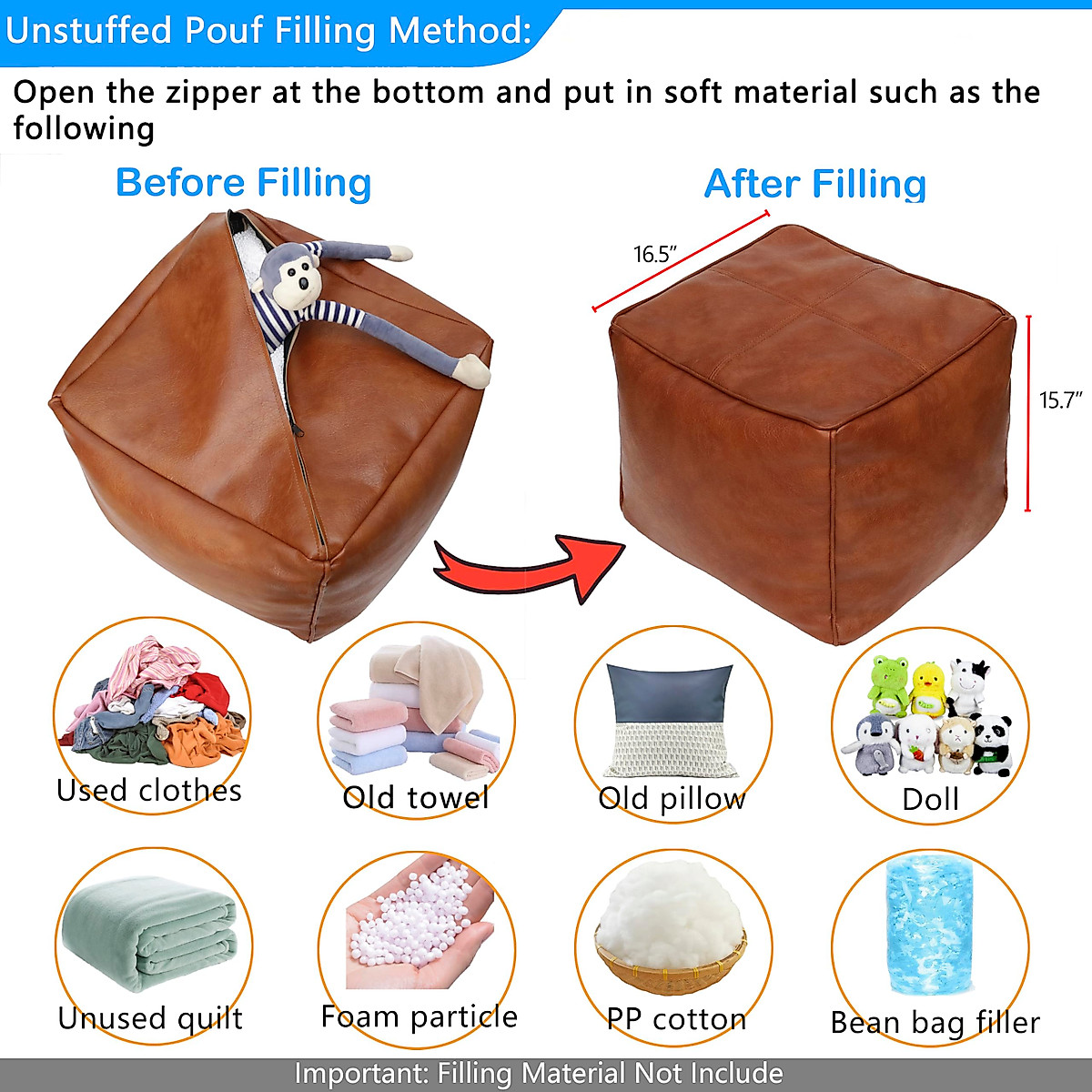 Thgonwid Unstuffed Handmade Cube Pouf Faux Leather Ottoman Cover, Square Pouffe Footstool Storage Stool, Bedroom Living Room, 15.7" H x 16.5" W, Brown