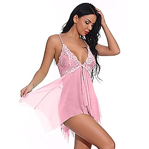 Aniywn Sexy Plus Size Lingerie Sets for Women Sexy Lace Lingerie Front Closure V Neck Mesh Nightwear Chemise Sleepwear Pink