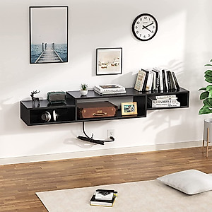 FABATO 59" Floating TV Stand with Power Outlet Wall Mounted Media Console Cabinet Shelf Under TV for Cable Box Audio Video Black