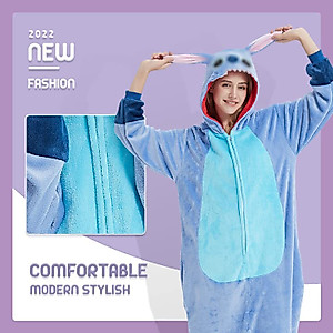 JULGIRL Unisex Adult Onesie Pajamas Flannel Halloween Funny Cosplay Animal One Piece Costume for Women and Men Blue