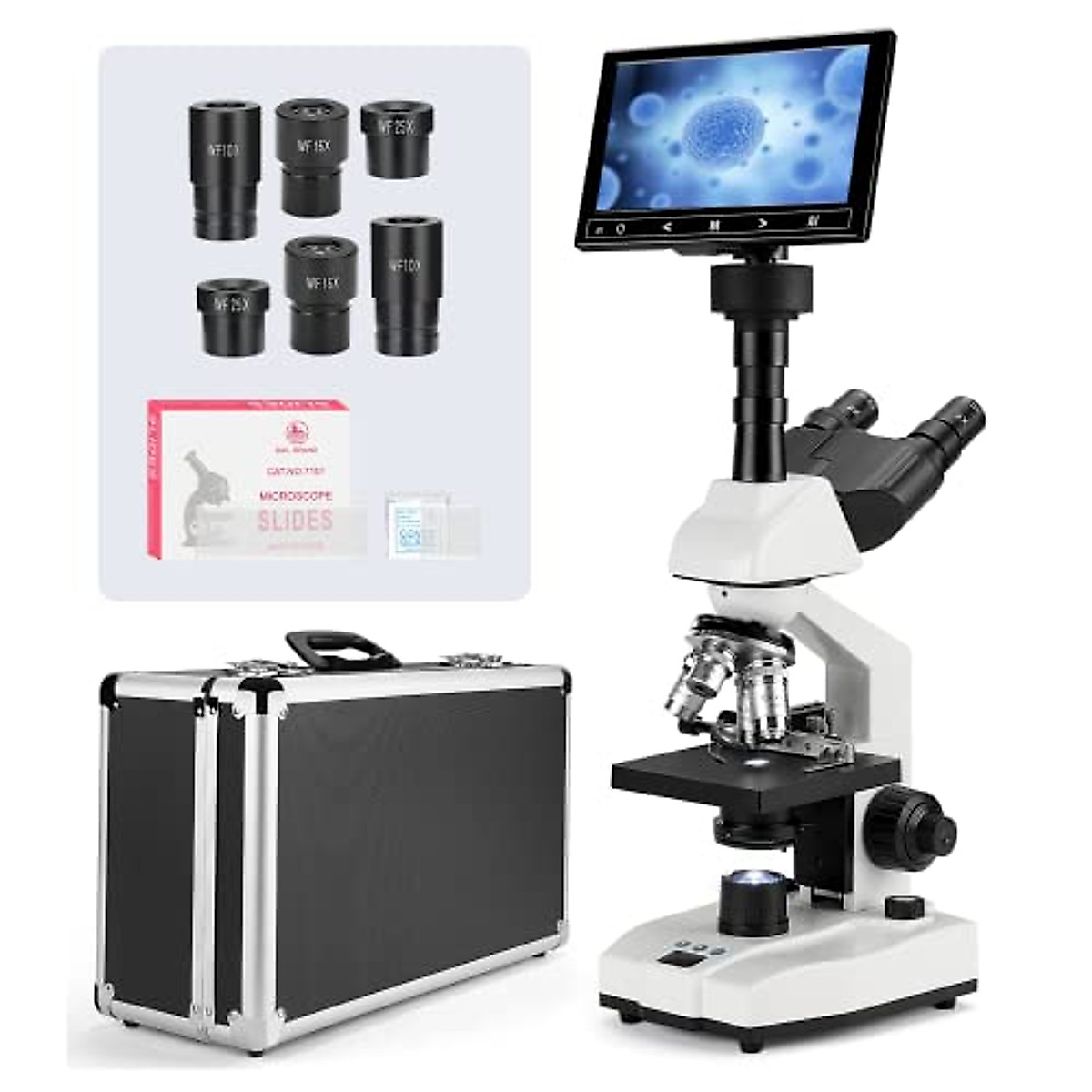 [Constant Temperature] Vabiooth Lab Trinocular Compound Microscope 40X-2500X Magnification with 7" Monitor 5MP E-Eyepiece,Adjustable Thermostat Mechanical Stage for Husbandry,Pet Hospital,Farms