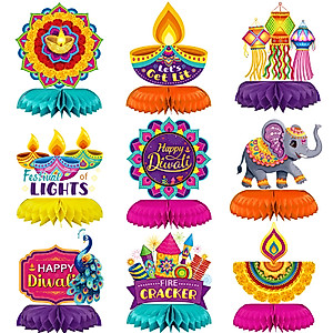 9 Pieces Diwali Honeycomb Ornaments - Diwali Party Decorations Demon Slayer Table Centerpieces Tabletop Decorations Diwali Happy Decorations for Indian Diwali Home Rangoli Party Decorations