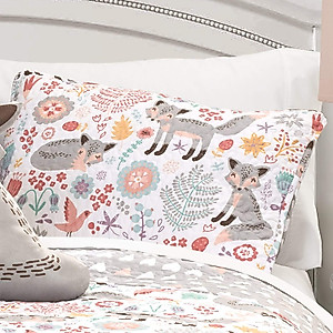 Lush Decor Pixie Fox Reversible Quilt Set, 4 Piece Set, Full/ Queen, Gray & Pink - Bedding Sets For Girls - Whimsical Quilt For Kids & Toddlers - Floral & Heart Print - Woodland Bedroom Decor