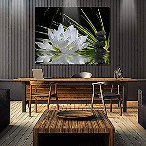 Canvas Wall Art - White Lotus and Black Zen Stones Picture - Modern Wall Decor Gallery Canvas Wraps Giclee Print Stretched and Framed Ready to Hang - 16" x 24"