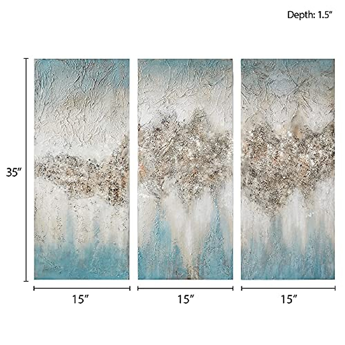 Madison Park Wall Art Living Room Décor - Embellished Hand Painted Canvas, Home Accent Glitter Abstract Bathroom Decoration Ready to Hang Painting for Bedroom, 15" W x 35" H x 1.5" D, Blue 3 Piece