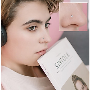 Enticera 2mm G23 Titanium Nose Rings Studs for Sensitive Skin 20g Handmade Small L Shaped Nose Rings for Women Men Round CZ Nose Piercing Jewelry White