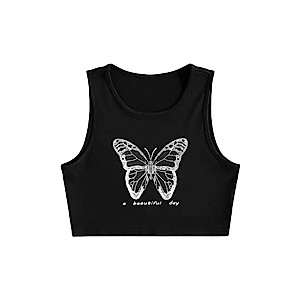 SHENHE Women's Graphic Sleeveless Cropped Tank Top Skeleton Print Rhinestone Crop Tops Butterfly Black M