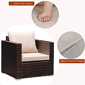 Tangkula 3 Pieces Patio Furniture Set, Outdoor Conversation Rattan Furniture Set w/Washable Cushion and Tempered Glass Tabletop, PE Rattan Wicker Sofa Set for Garden Poolside Balcony