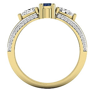 Dazzlingrock Collection 18K 6X4 MM Blue Sapphire, Pear White Sapphire & Round Diamond 3 Stone Ring, Yellow Gold, Size 9.5