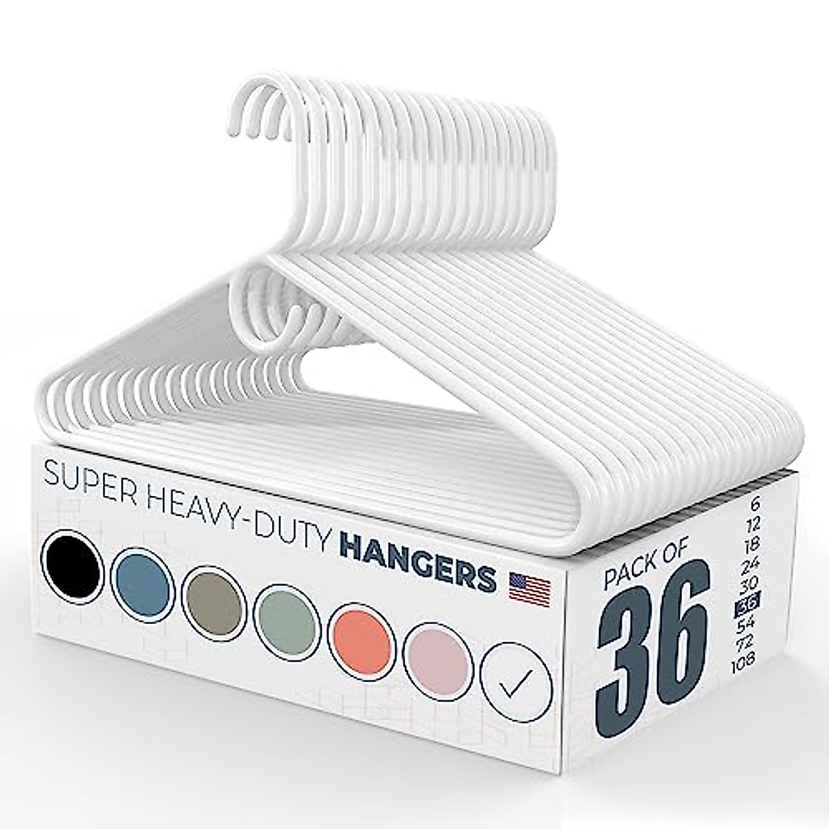 Super Heavy Duty Plastic Clothes Hangers (6 to 108 Pack Available) Vibrant Colors Durable Laundry Hangers for Adult | Lightweight Space Saving for Clothes, Shirts, Pants and Coats (36 Pack - White)