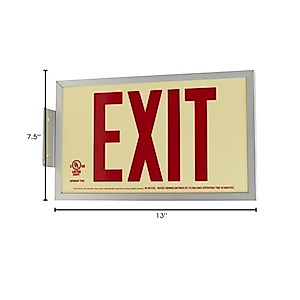 Jessup Glo Brite 7210-SAF-2-B P50 Non Electrical, Glow-in-The-Dark (Photoluminescent) Screen-Printed Eco Exit Sign, Double-Sided with Aluminum Frame and Bracket, 7.5" by 13", Red