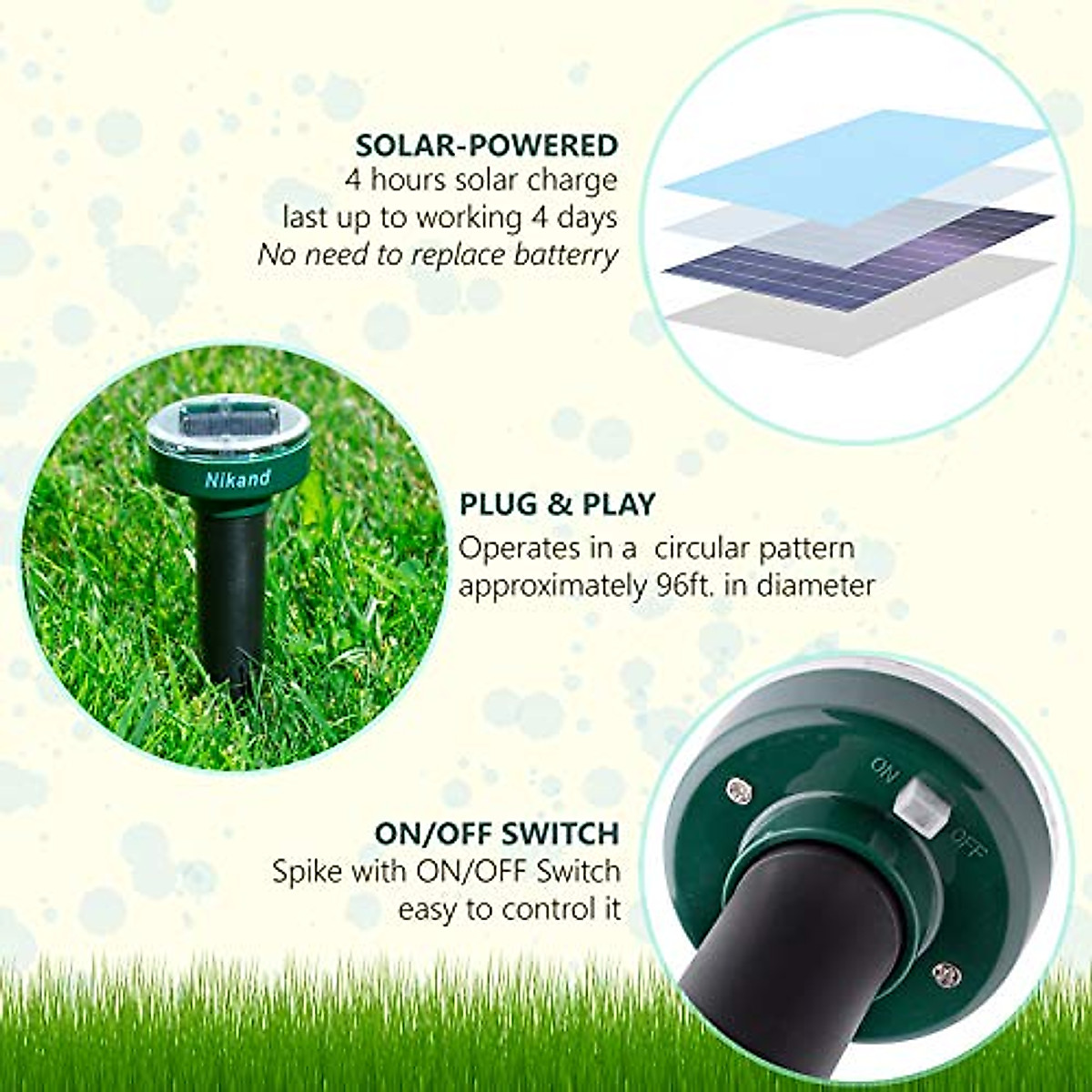 Gopher Repellent Ultrasonic Solar Powered - Mole Repellent Stakes Outdoor Pet Safe - Groundhog Repeller Snake Rodent Gopher Spikes Chaser - Sonic Mole Deterrent Devices (4)