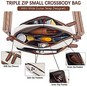 BOSTANTEN Small Crossbody Purse for Women Triple Zip Cell Phone Leather Shoulder Handbag with Wide Guitar Strap Beige with Brown