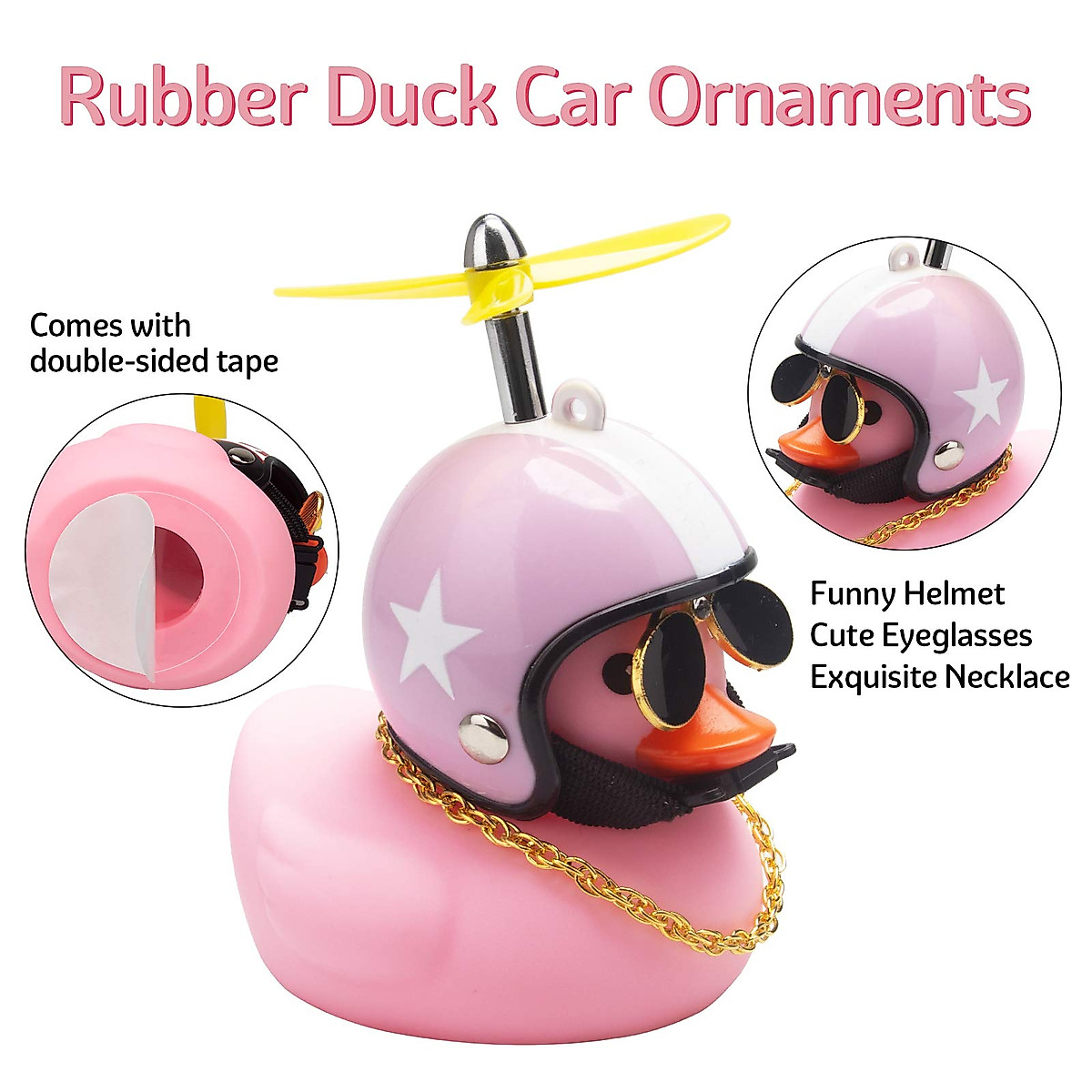 wonuu Pink Duck Car Dashboard Decorations Rubber Duck Car Ornaments Cool Duck with Propeller Helmet Sunglasses Gold Chain (Pink Hat White Star)