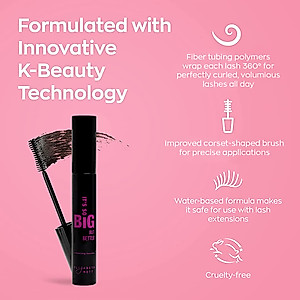 Elizabeth Mott Black Volumizing Smudge-Proof Mascara-Cruelty Free Lengthening Fiber Mascara with Hourglass Wand-Water Resistant,No Clump,Amazing Eyelashes,Safe with Lash Extensions,Full-Size 10ml