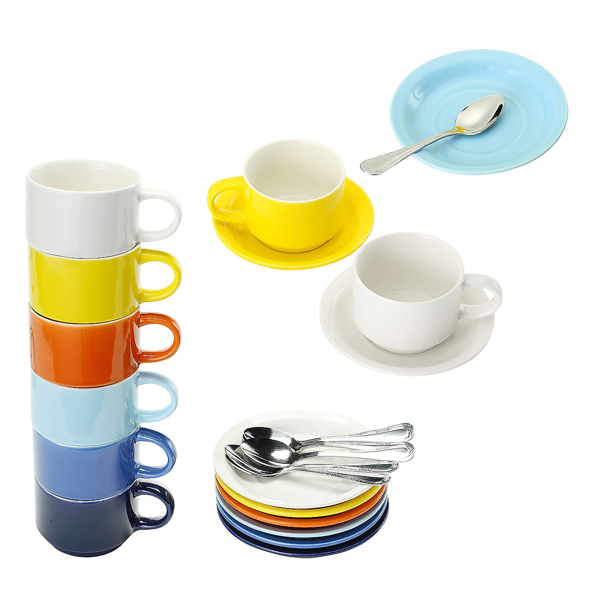 JULKYA SET OF 6 STACKABLE 4OZ MULTICOLORED PORCELAIN ESPRESSO CUPS WITH SAUCERS AND METAL STAND +BONUS STAINLESS STEEL SPOONS - LIGHTWEIGHT CUPS FOR ESPRESSO, LATTE, CAFÉ MACCHIATO, OR TEA, DEMITASSE