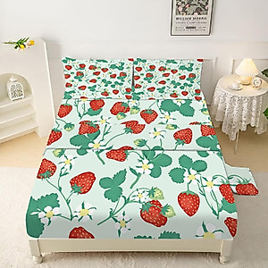 Girls Strawberry Sheets Set Queen Size 4 Pcs Cute Cartoon Fruit Green Kawaii Bedding Set for Kids Teens Bed 1 Fitted Sheet with 1 Flat & 2 Pillowcases