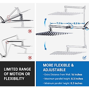 G-Promise Shower Head Extension Arm, 16" Solid Brass Adjustable Extender with Lock Joint, Standard 1/2", Rise or Lower Rainfall and Fixed Shower Head, Height/Angle Adjustable Extension Arm Attachment