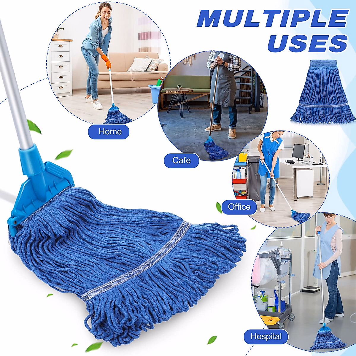 16 Pack Commercial Mop Head Replacements Looped End Wet Mop Head Heavy Duty Mop Heads Cotton String Mops Blue Industrial Cleaning Mop Head Refills for Commercial Industrial Home Cleaning
