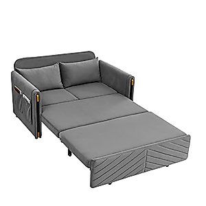 54" Pull Out Couch for Living Room, Convertible Sofa Bed with 2 Detachable Arm Pockets and Velvet Loveseat Multi-position Adjustable Sofa with Bedhead and 2 Pillows for Bedroom, Movie Room - Grey