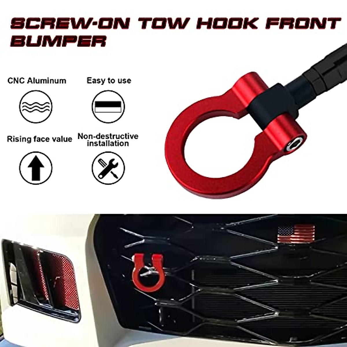 Xotic Tech Sport Track Racing Style CNC Aluminum Screw-on Tow Hook Front Bumper Compatible with Chevrolet Camaro 2016-2021 (Red)