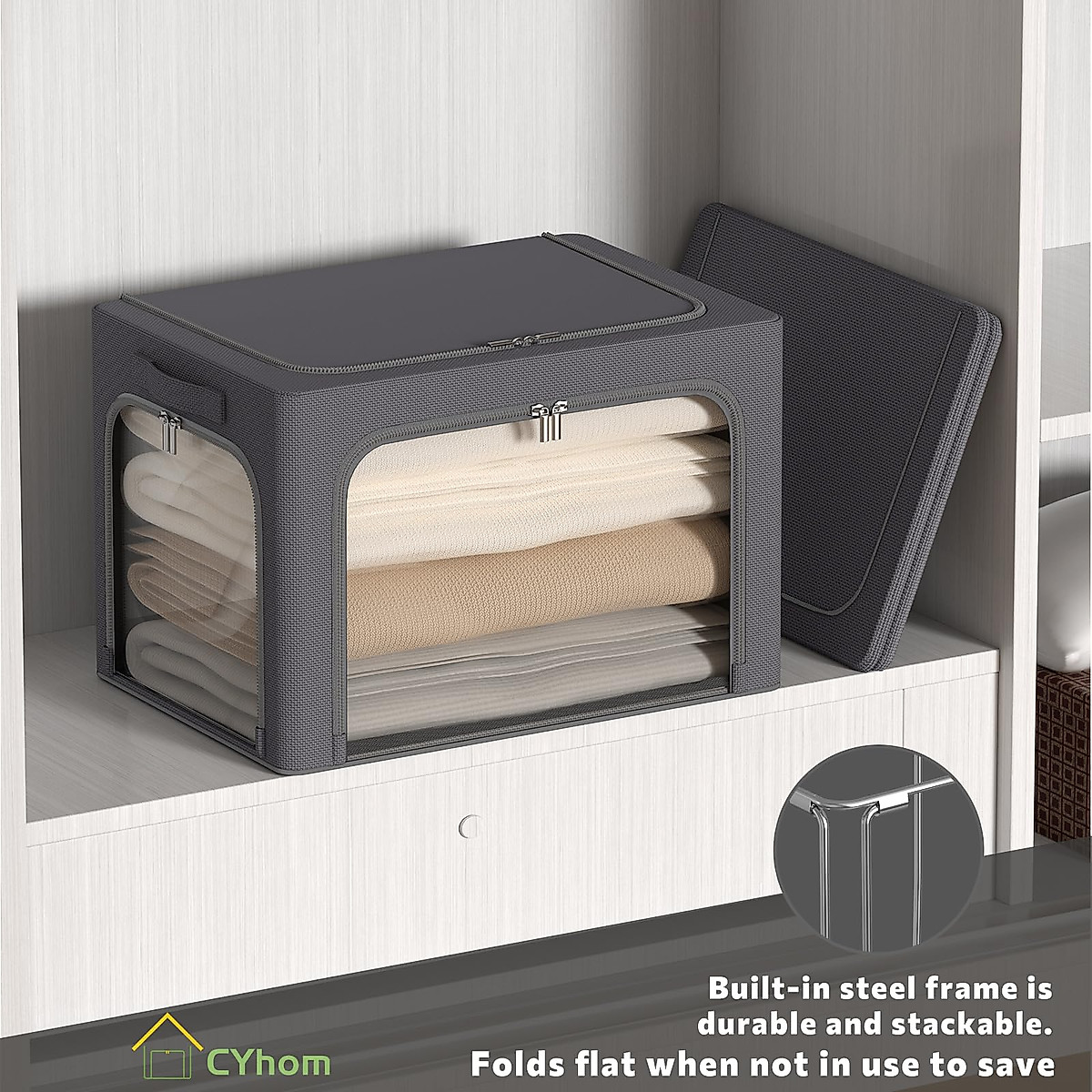 3Pack Clothes Storage Bins - Oxford Frame Storage Box Foldable Stackable Storage Organizer with 3 Openings Design, Metal Frame, Clear Window, Carry Handles (66L-19.7 * 15.7 * 13, Dark Gray)