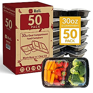 Reli. Meal Prep Containers, 30 oz. (50 Pack) - Black 2 Compartment Food Containers with Lids, Microwavable Food Storage Containers - Black Reusable Bento Box/Lunch Box Containers for Meal Prep (30 oz)